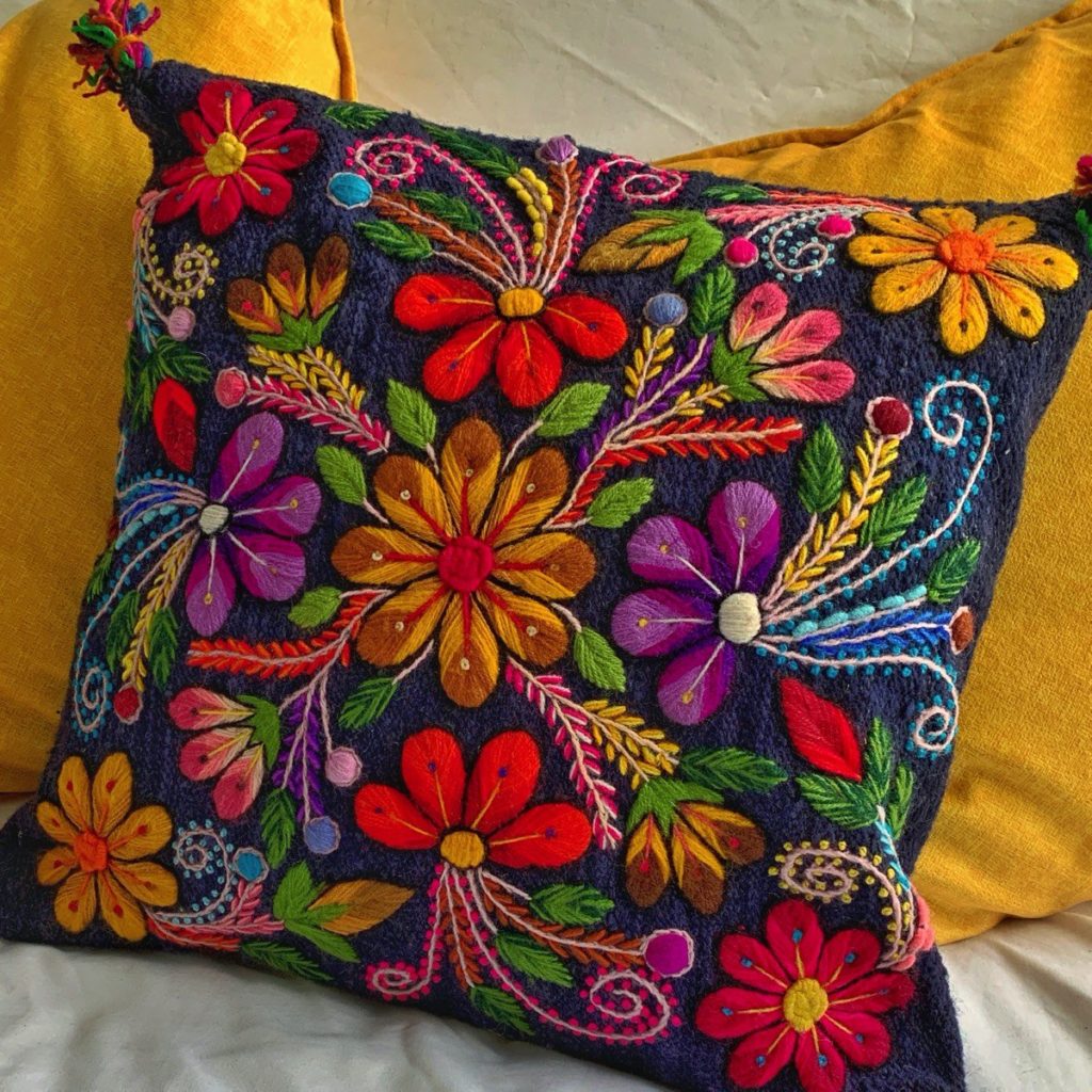 Hand Embroidered Cushion Cover – Navy Color – Peruvian – Wool – Floral ...