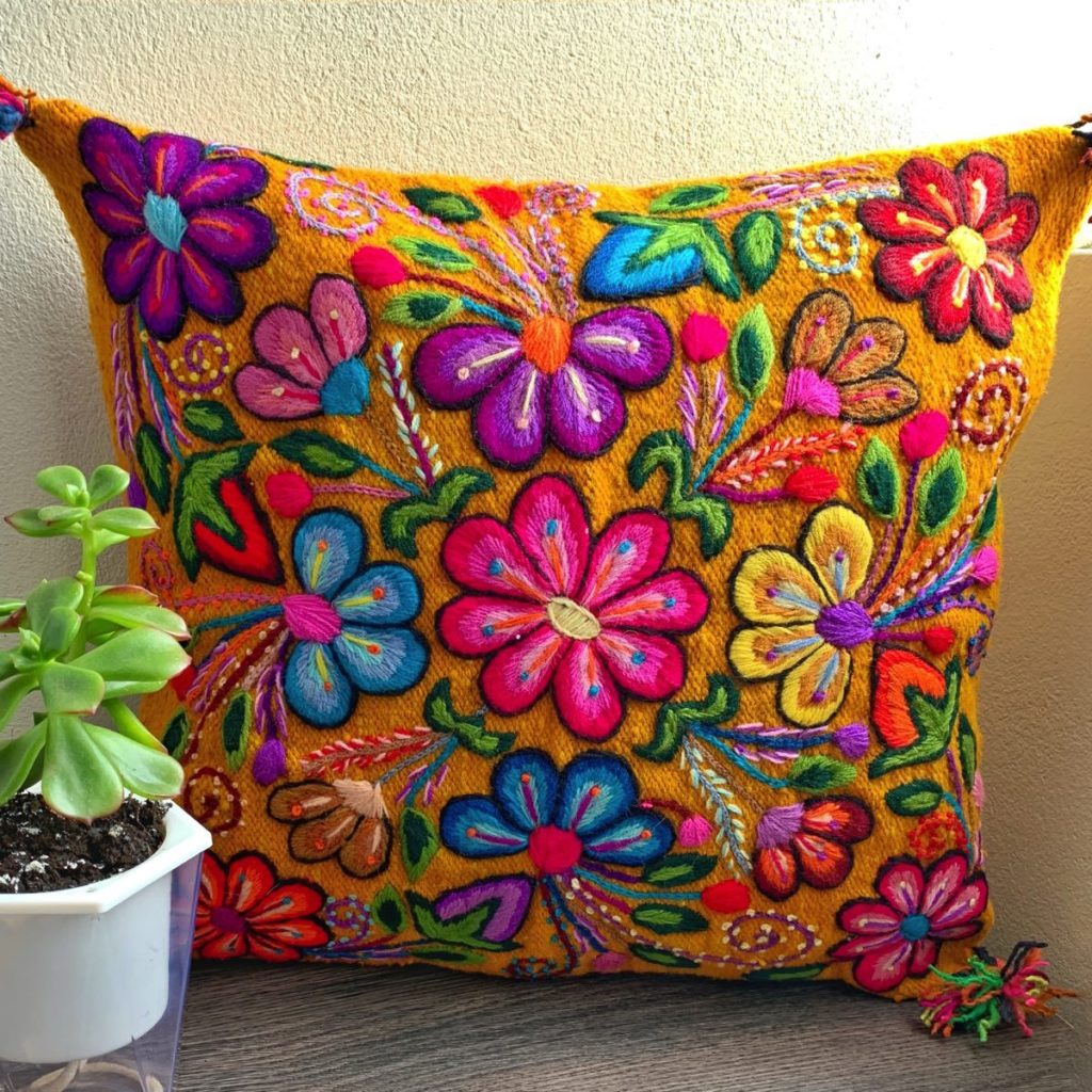 Hand Embroidered Cushion Cover – Yellow Color – Peruvian – Wool ...